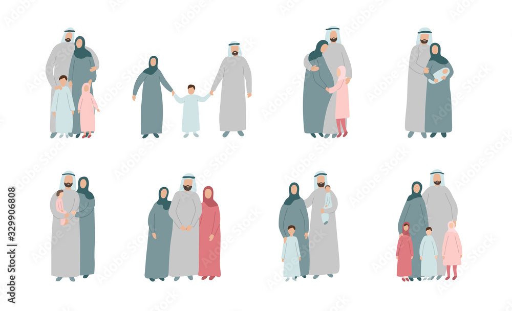 Set of different Muslim families. Arabian parents with kids in ...