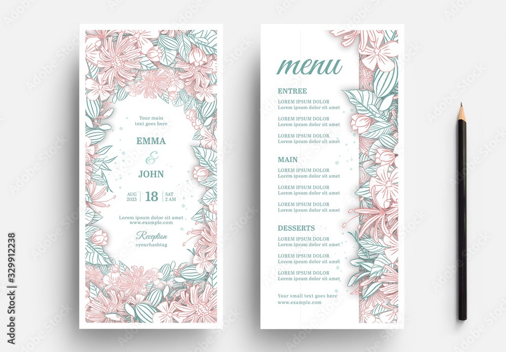 Wedding Invitation Layout with Line Art Floral Borders Stock Template ...