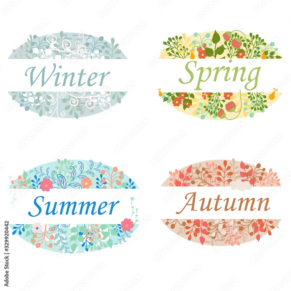 set of labels. Set from four seasons of year, oval floral frames with ...