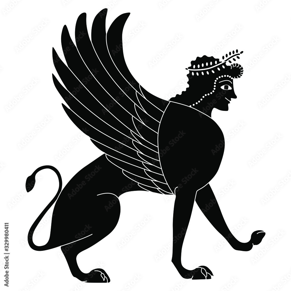 Antique sphinx. Fantastic mythological creature. Winged female lion ...