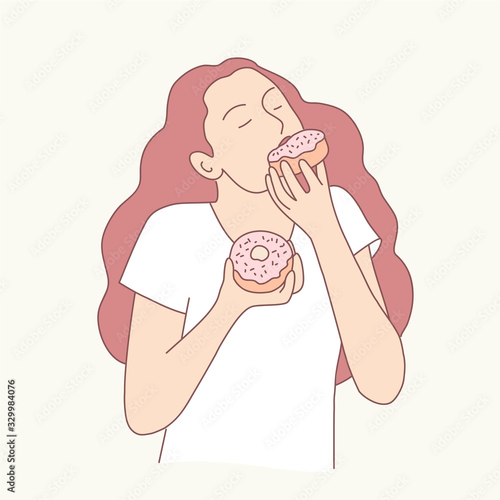 Girl characters eating pastries. Hand drawn vector illustration. Stock ...