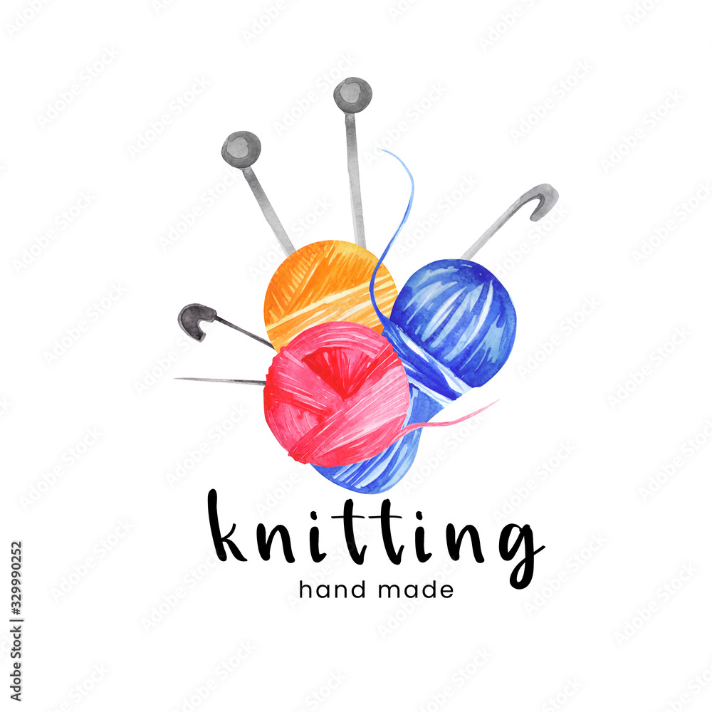 Colored isolated hand made knit logo with knit wear knitting shop ...