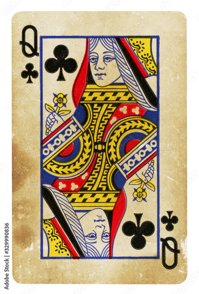 Queen of Clubs Vintage playing card - isolated on white (clipping path ...