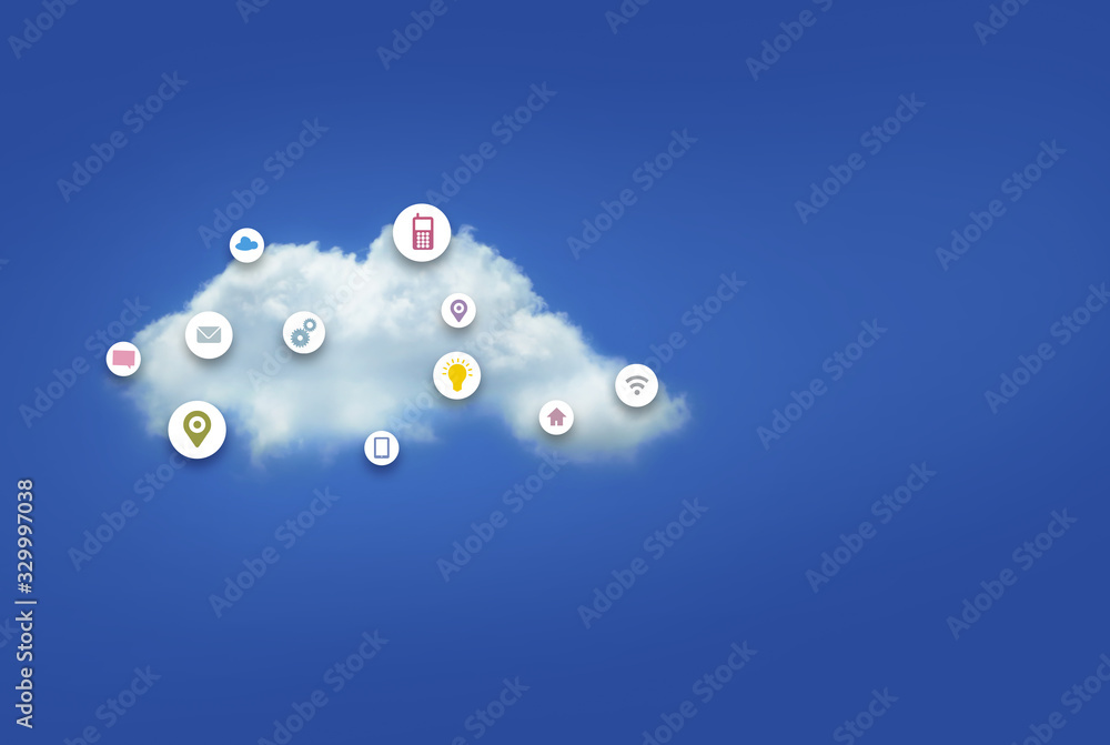White Cloud with many computer symbol icons on Bright Blue SKy ...