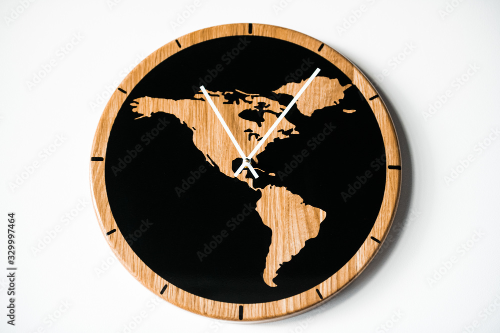 Round eco clock made of wood and epoxy. The subject of interior in your ...