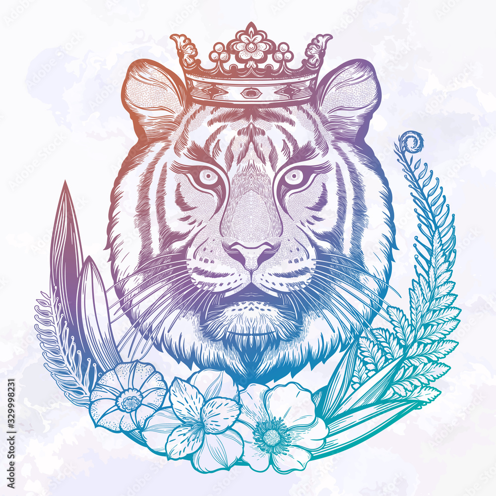 Tiger portrait in tropical flowers frame. Dreamy magic art. Night ...