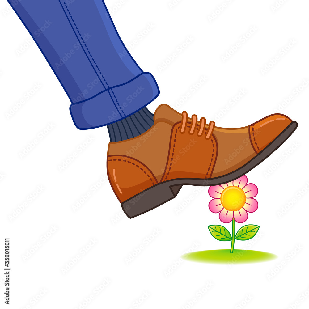 Vector illustration. The foot of a man in shoes steps on a flower ...