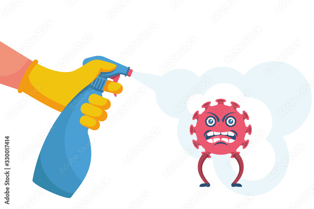 Disinfection coronavirus. Stop 2019-nCoV. Man with gloves spray kills a ...