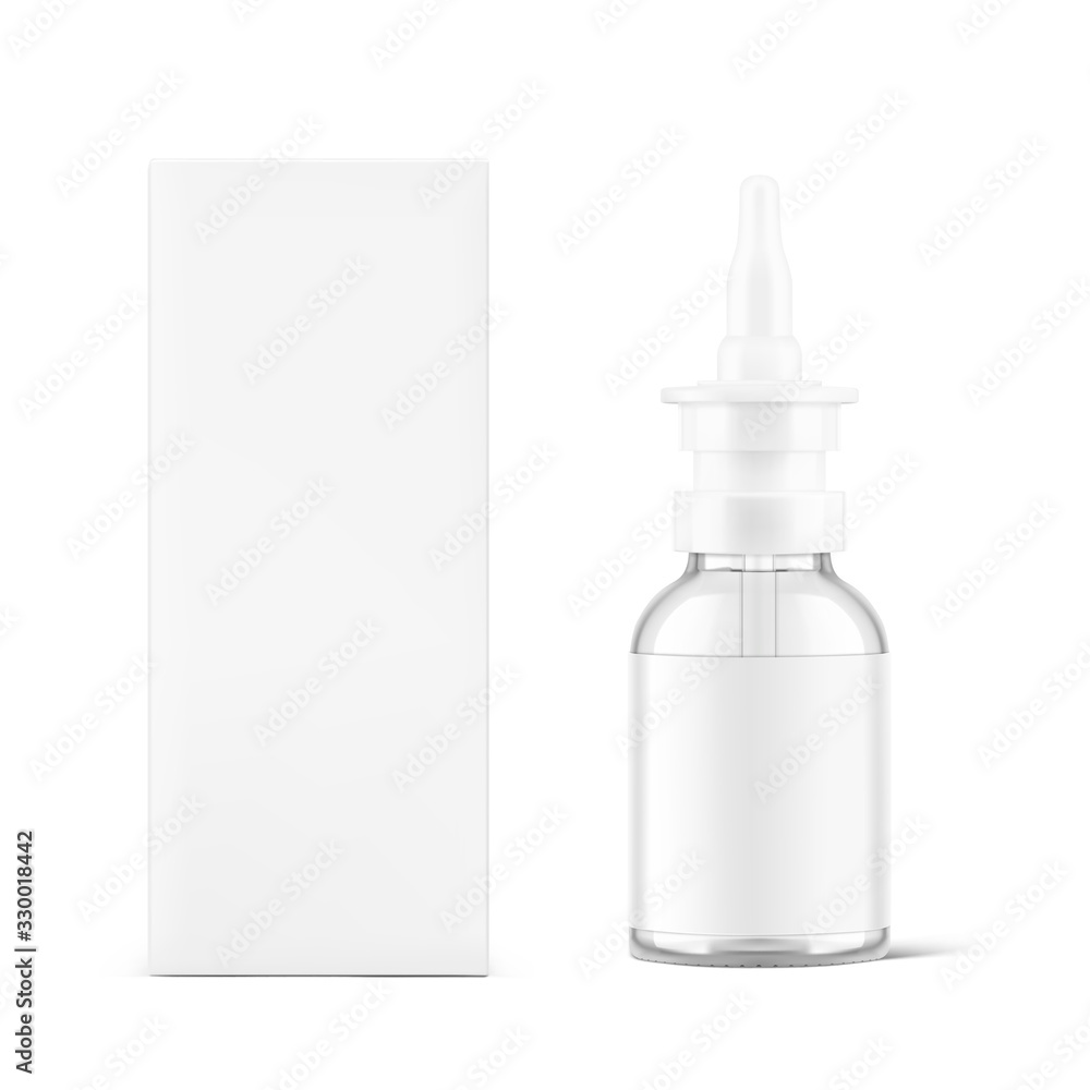 Bottle for nasal drops with cardboard packaging box mockup. Vector ...