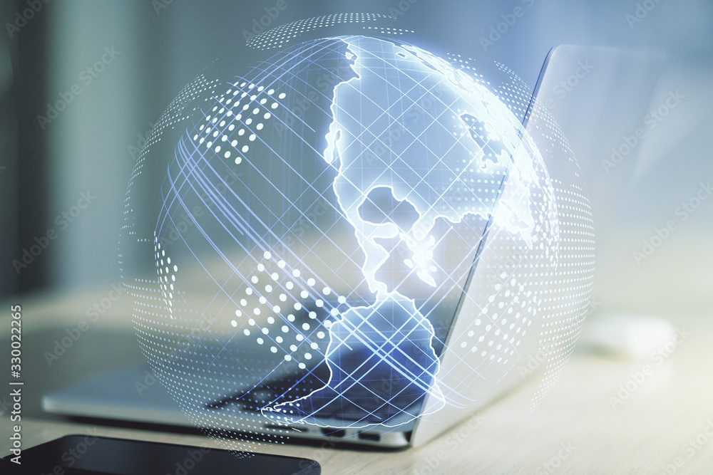 Double exposure of graphic America map on computer background, big data ...