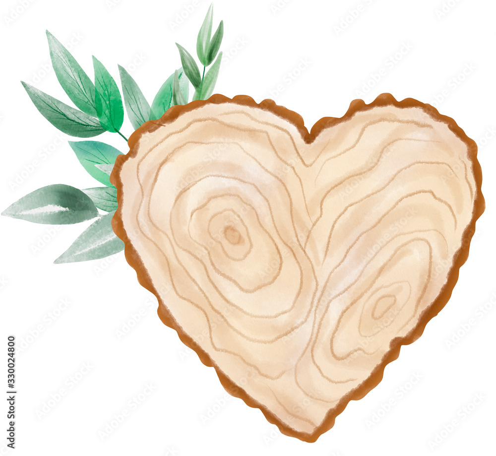 Watercolor wood slice banner with greenery. Hand drawn illustration for ...