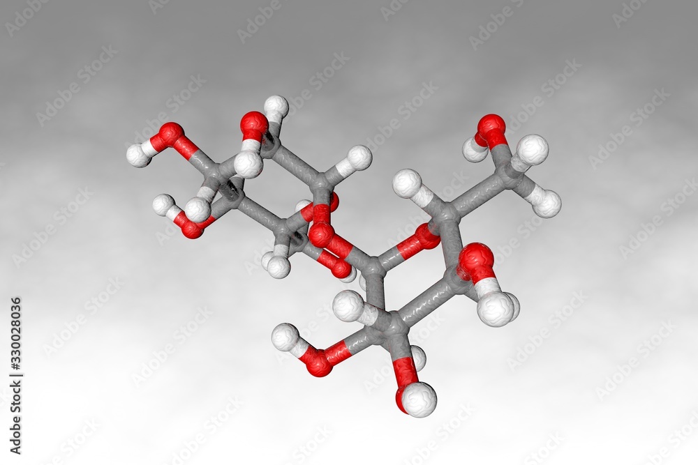 Molecular structure of trehalose. Atoms are represented as spheres with ...
