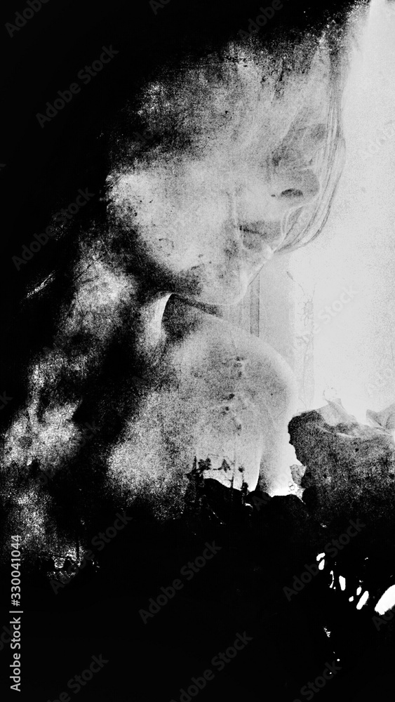Double Exposure Image Of Sad Shirtless Woman And Field Stock Photo ...