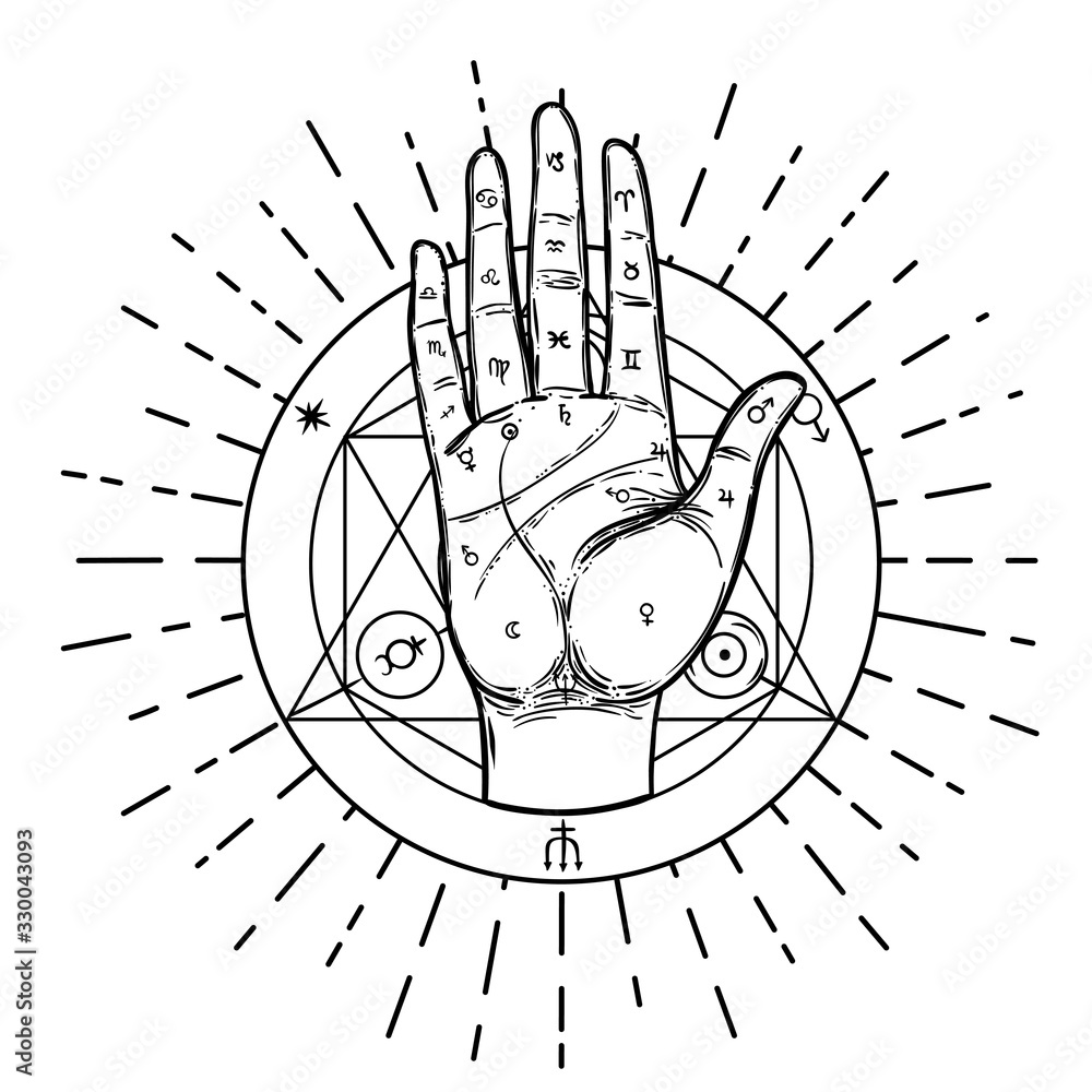 Vintage Hands. Hand drawn sketchy illustration with mystic and occult ...