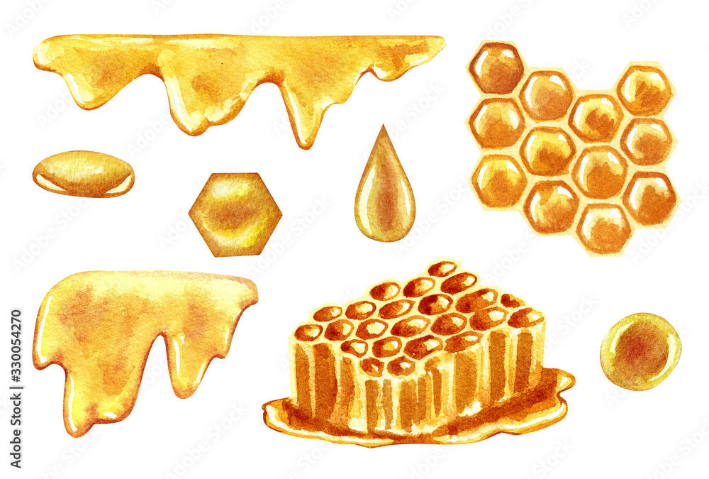 Watercolor set of honey drops, honeycomb, isolated on white. Stock ...