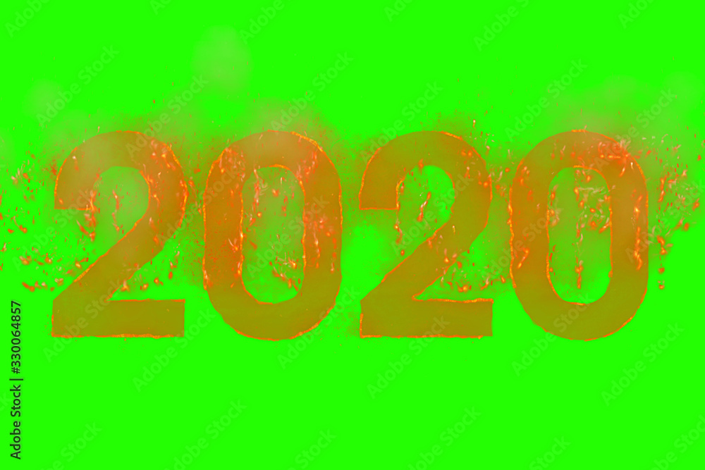 Written 2020 In Word With Flames Rising On Chroma Key Green Screen Background Concept Concept