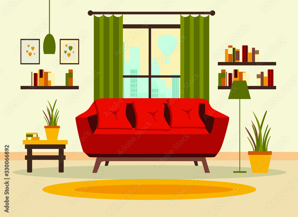 living room interior with furniture, table, window, shelves with books ...