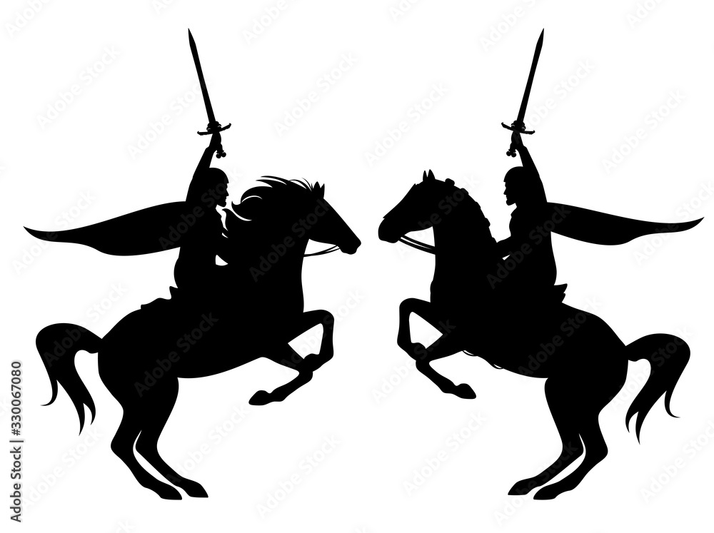 medieval hero knight holding sword riding rearing up horse black vector ...