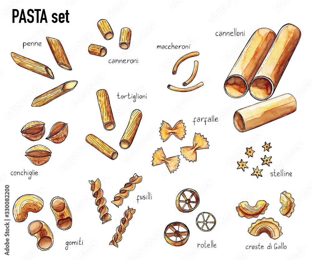 Hand drawn watercolor sketch illustration set of Pasta - Penne ...