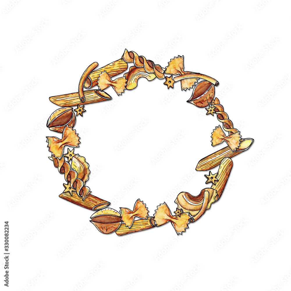Hand drawn watercolor sketch illustration wreath of different varieties ...