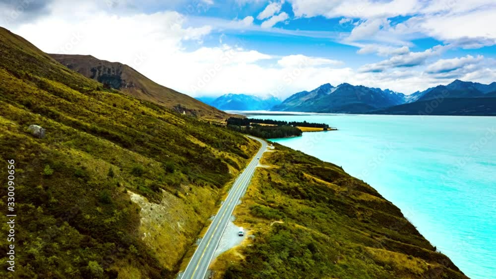 Time lapse of Scenic winding road along Lake Pukaki to Mount Cook ...