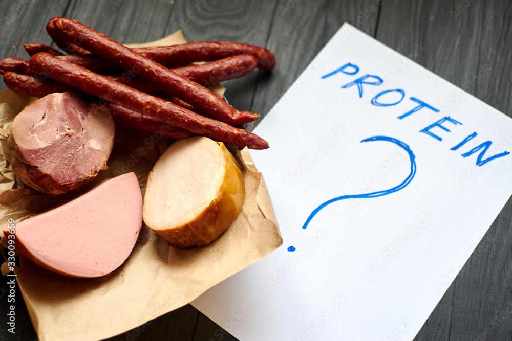 Protein and question mark and different sausages and sausages ...