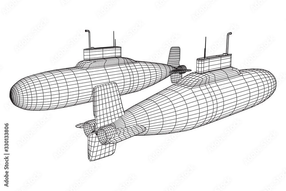 Military atomic submarine underwater boat. Wireframe low poly mesh ...