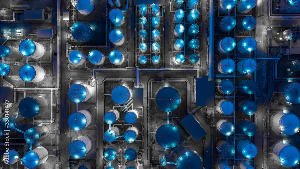 Aerial top view storage tank farm at night, Tank farm storage chemical ...