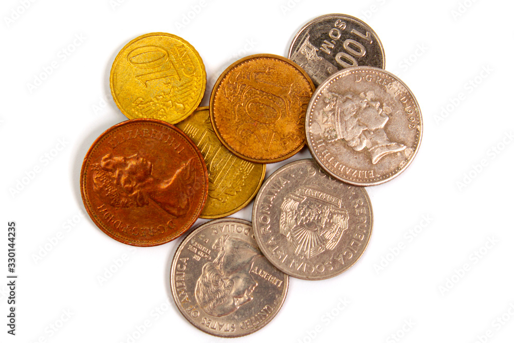 coins of different countries of the world numismatics on a white ...