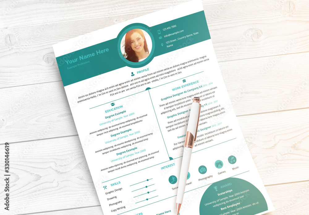 Resume Layout with Circle Elements and Green Accents Stock Template ...