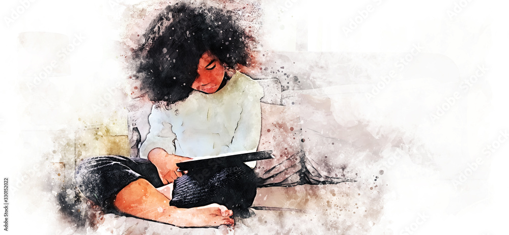 Abstract colorful kid girl reading tablet smart on bedroom on ...