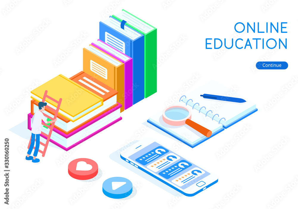 Online education concept. The student climbs into a stack of books ...