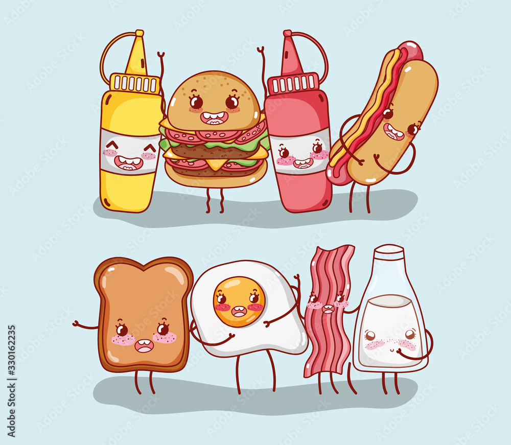 breakfast and fast food cute burger hot dog bread egg bacon milk ...