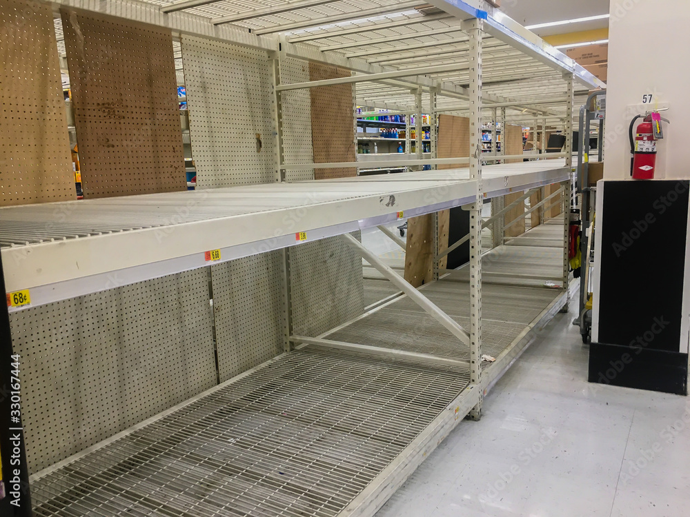 coronavirus empty shelves supermarket no toilet paper no water no mask ...