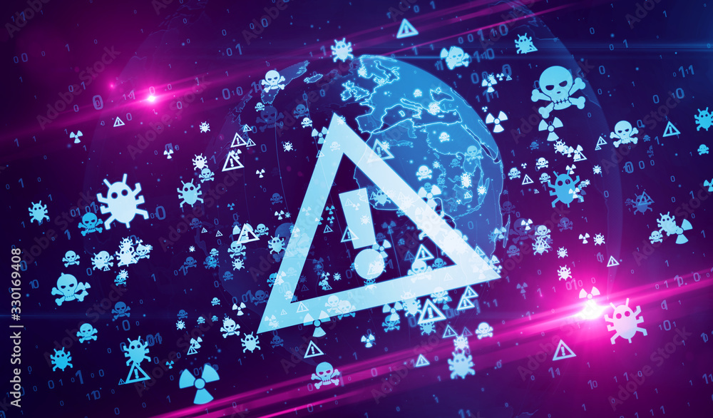 Cyber crime and hacking attack symbols on digital globe background ...