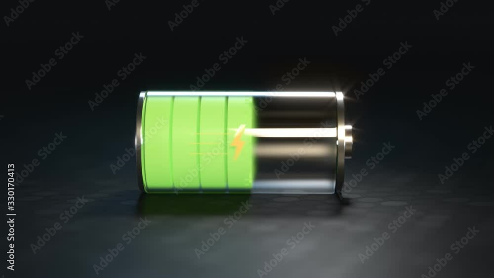 Battery charging process. Power level showed as green cells in ...