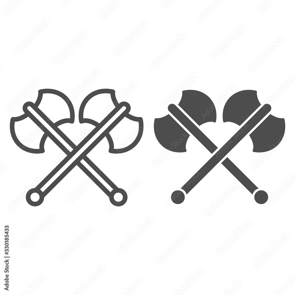 Two axes line and solid icon. Crossed double axe, battle item symbol ...