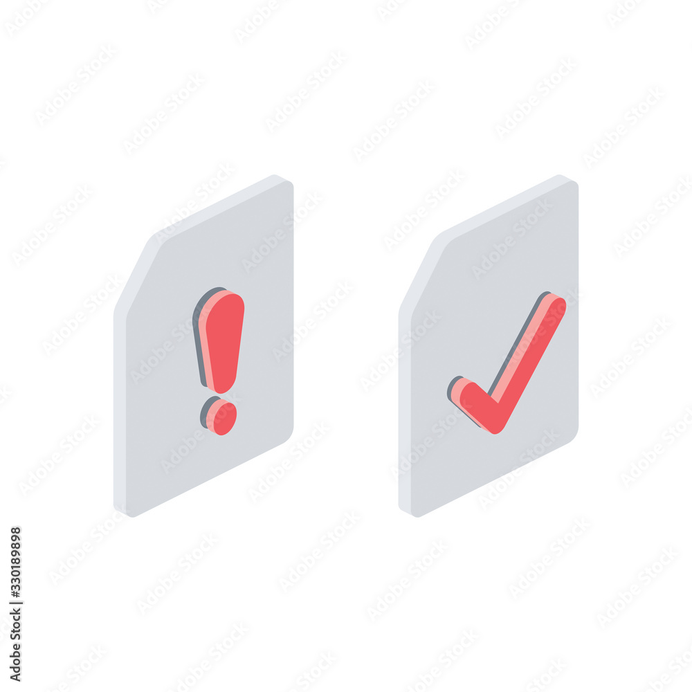 Document checkmark exclamatory mark label. Vector 3d isometric, color ...