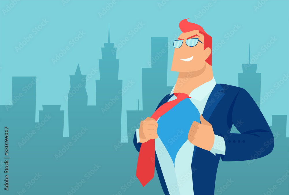 Vector of a super hero business man on a cityscape background Stock ...