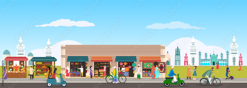 Vector of a city, street, traditional buildings and landmarks in India ...