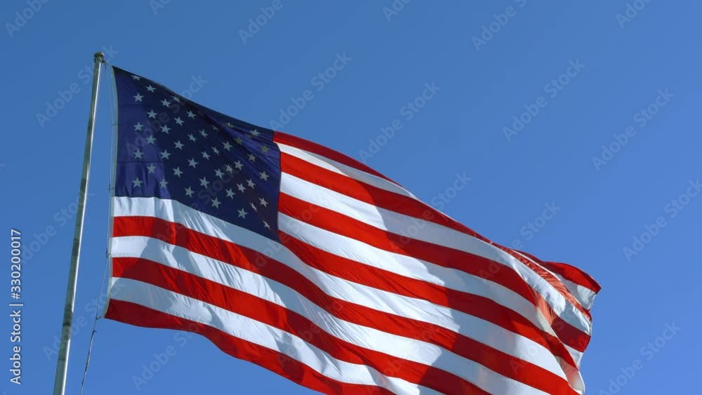 USA American Flag. Looking at flag pole with American flag waving ...