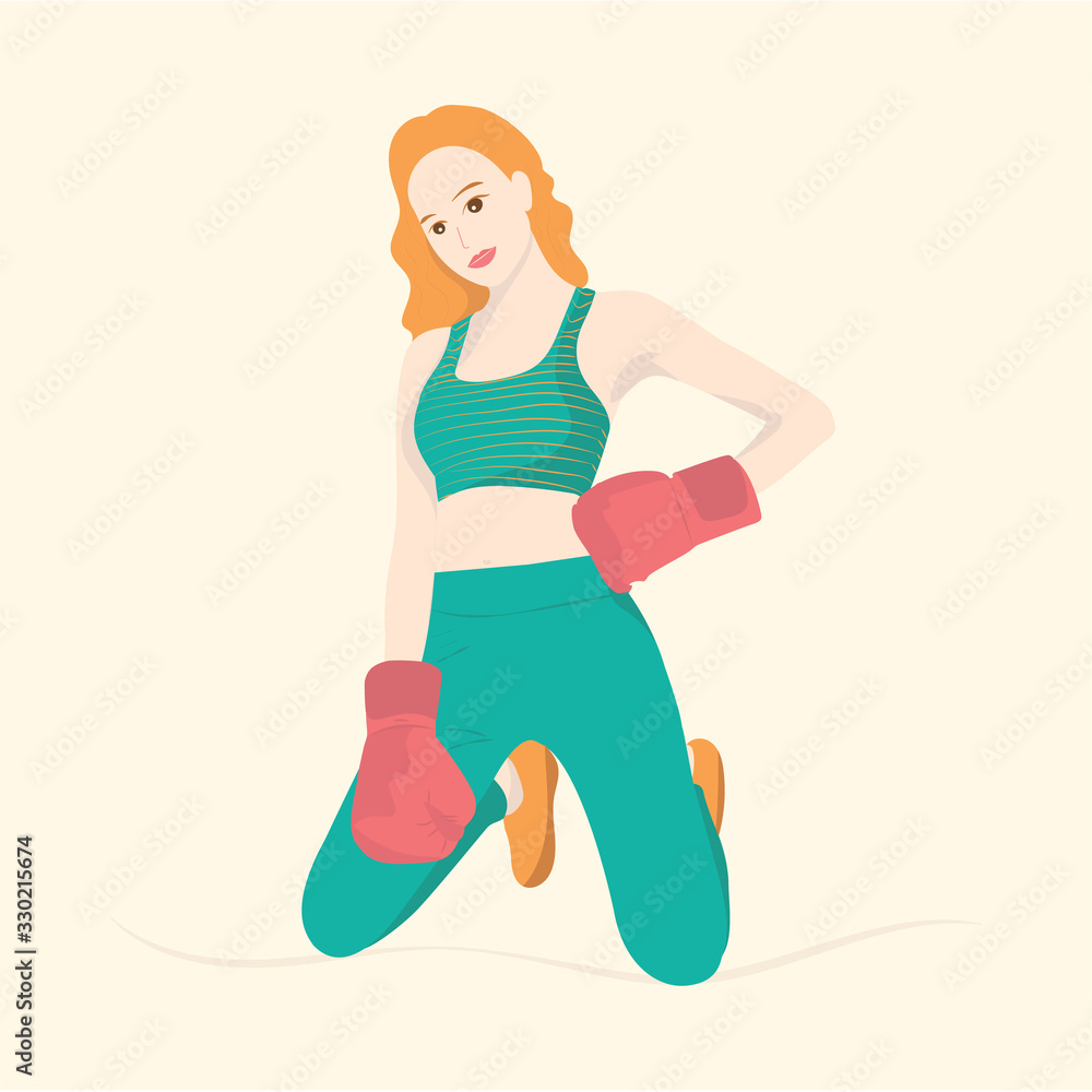 Flat vector illustration of a kick-boxing girl in sportswear with red ...