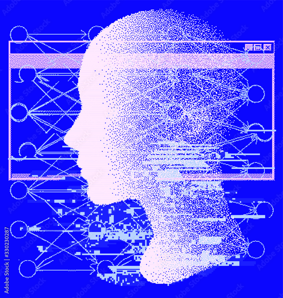 Pixel art illustration with human head made of particles. Concept ...