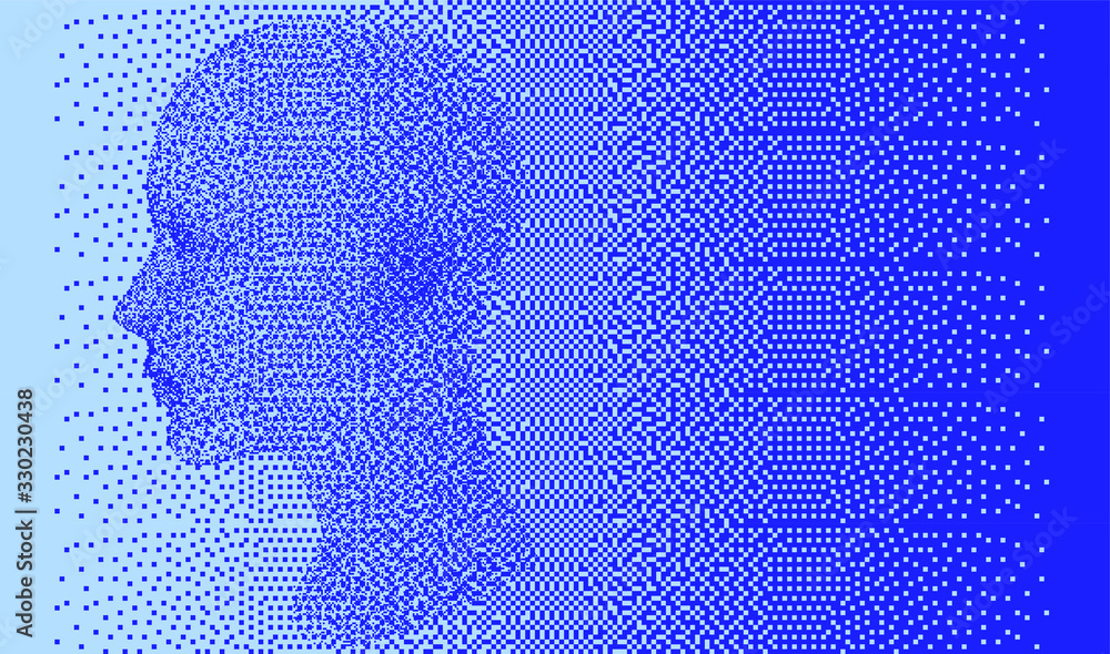 Pixel art illustration with human head made of particles. Concept ...
