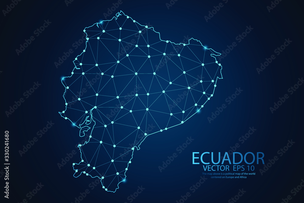 Abstract mash line and point scales on dark background with map of ...