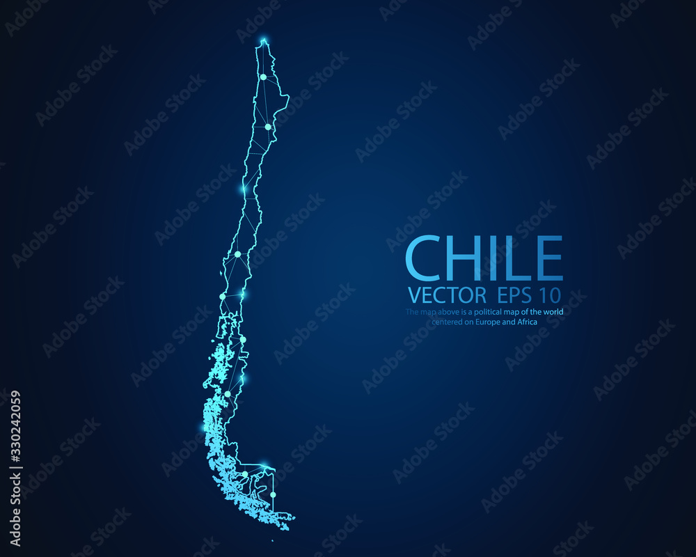 Abstract mesh line and point scales on dark background with map of ...