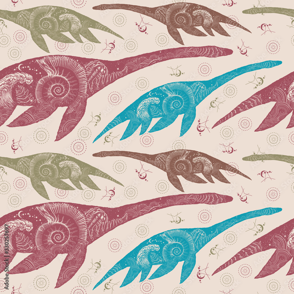 Plesiosaur. Seamless pattern. Packing old paper, scrapbooking style ...