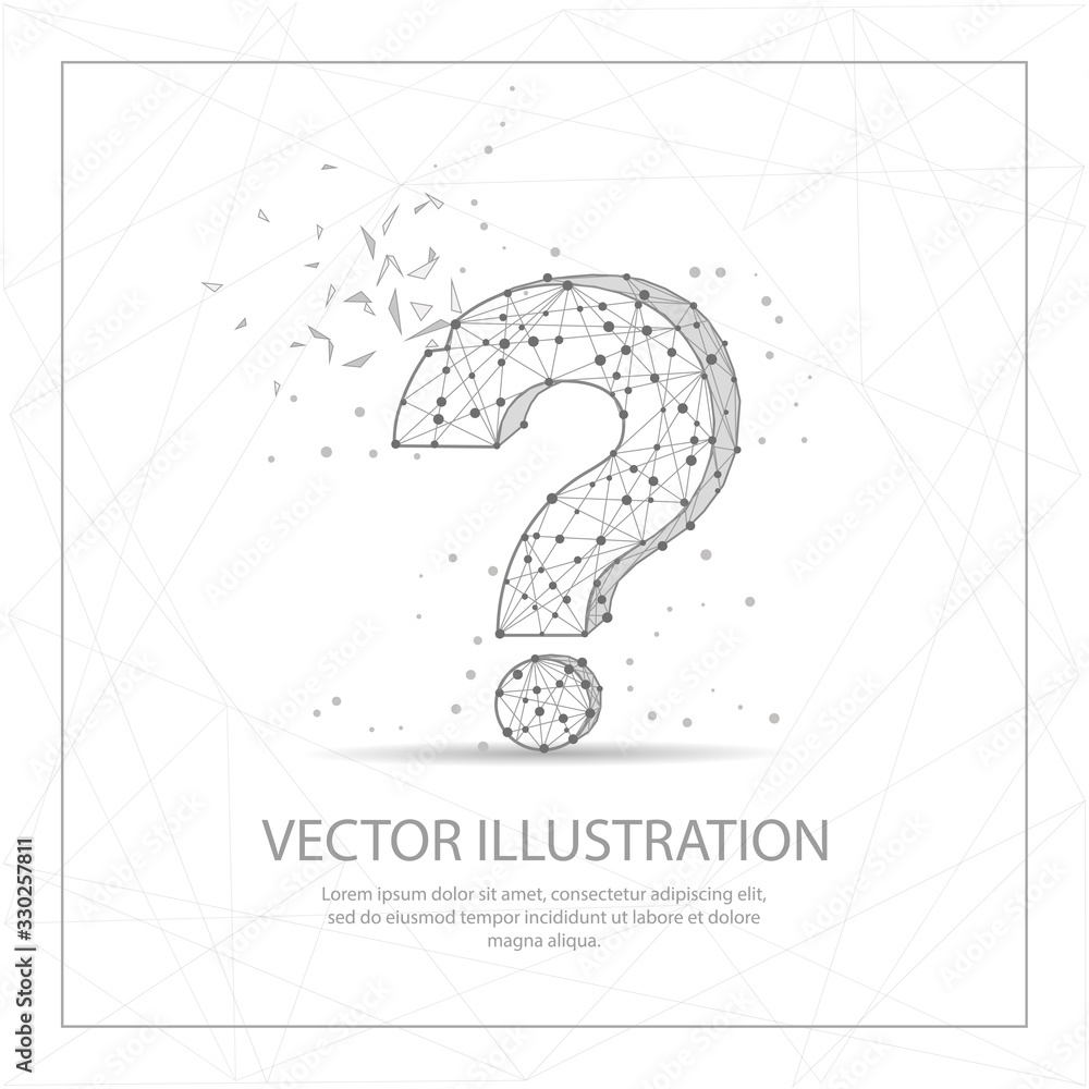 Question mark digitally drawn low poly wire frame on white background ...