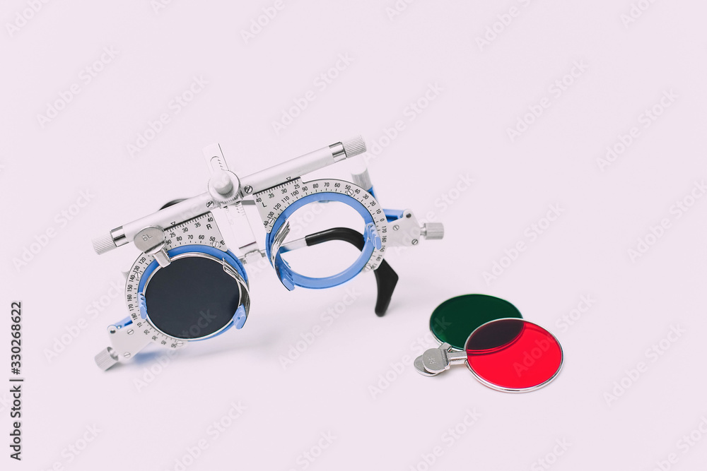 Optometrist trial frame on white background, Concept Check visual ...