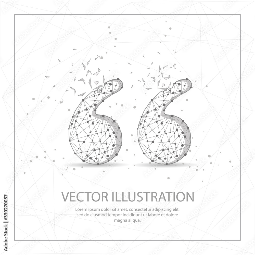 Quotation mark digitally drawn low poly wire frame on white background ...